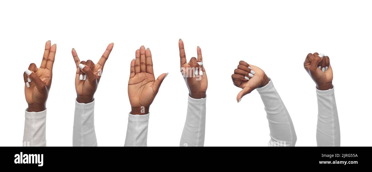 hands of african woman showing various gestures Stock Photo - Alamy