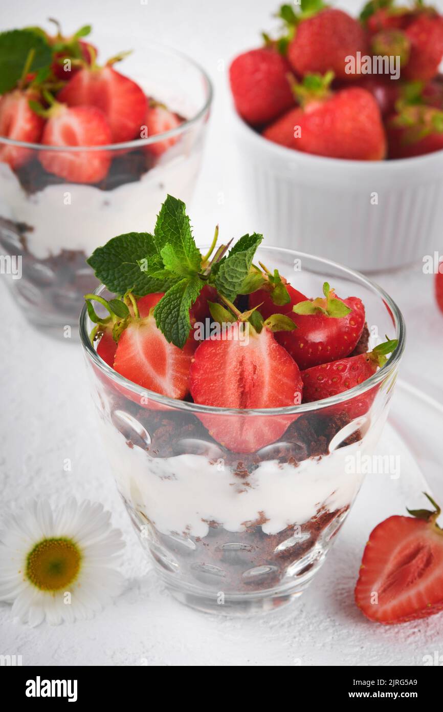 Trifles. Brownies, fresh strawberry and mascarpone cream servered in ...