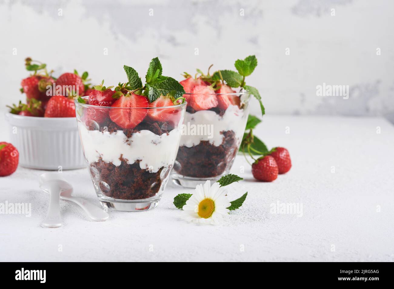 Trifles. Brownies, fresh strawberry and mascarpone cream servered in ...