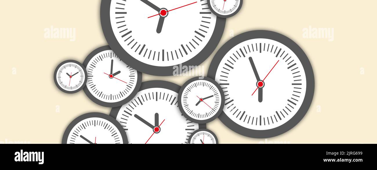 Time background with round wall clocks Stock Photo - Alamy