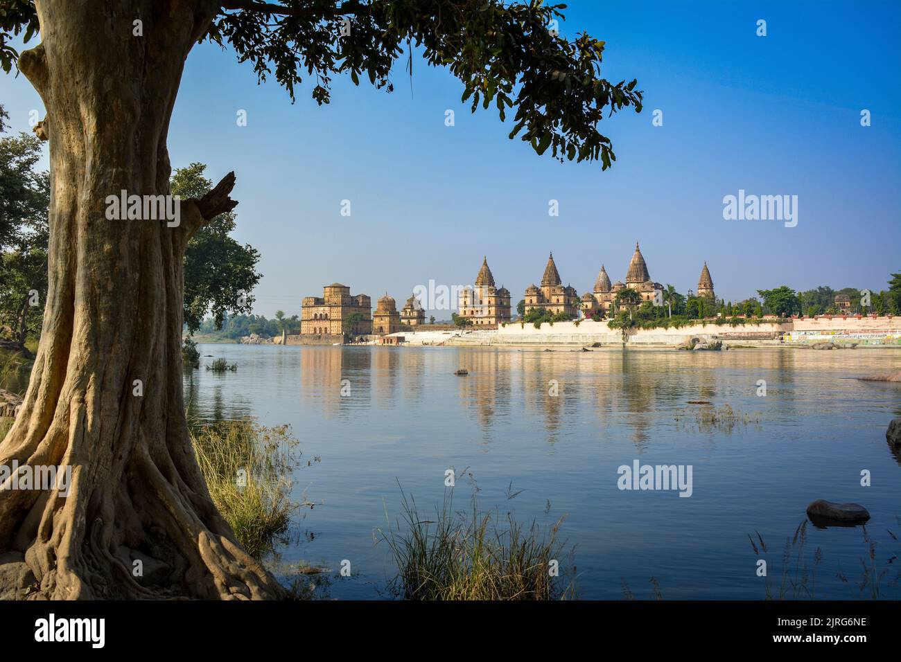 View of Royal cenotaphs of Orchha over Betwa river Stock Photo - Alamy