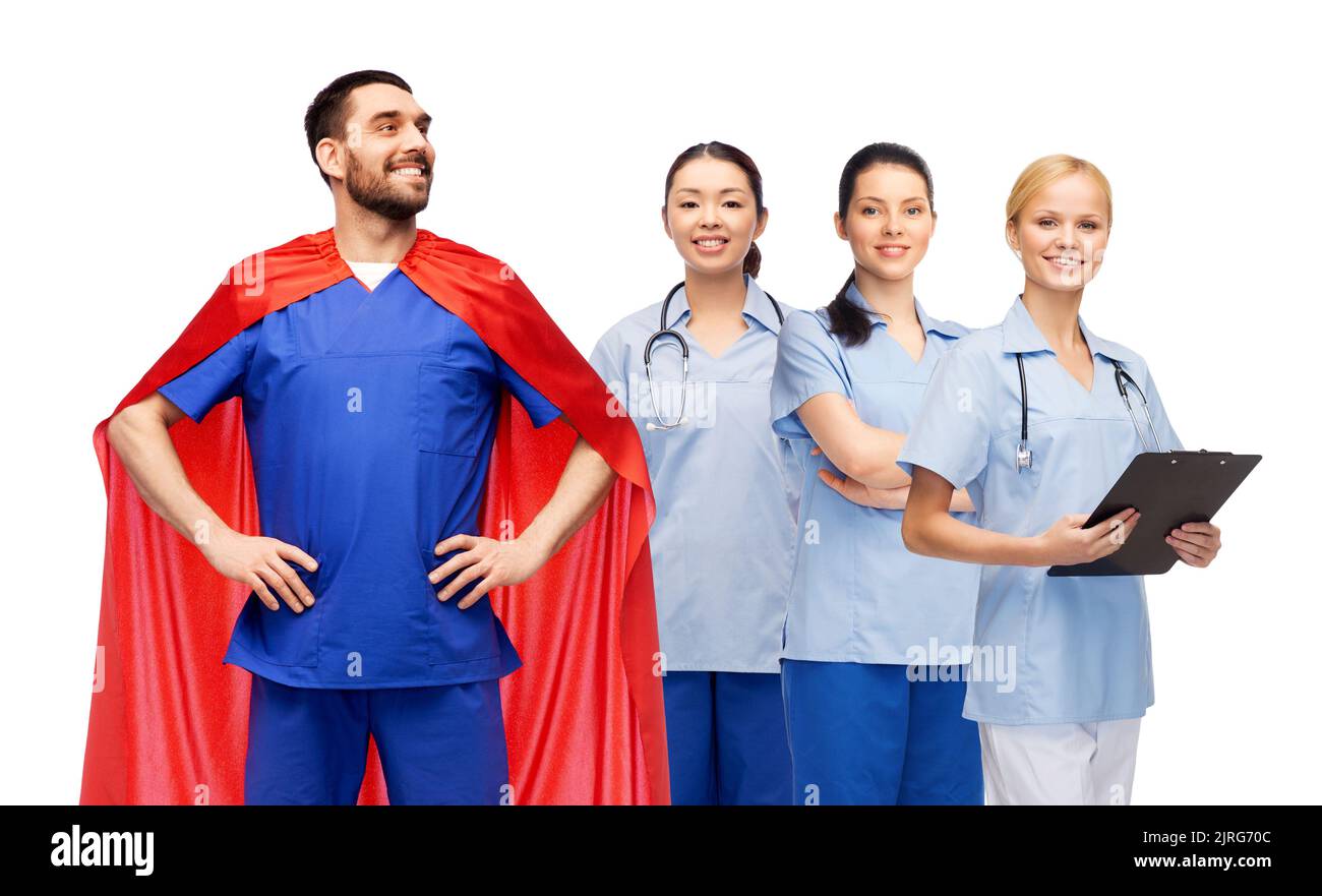 male doctor in superhero cape and female nurses Stock Photo - Alamy