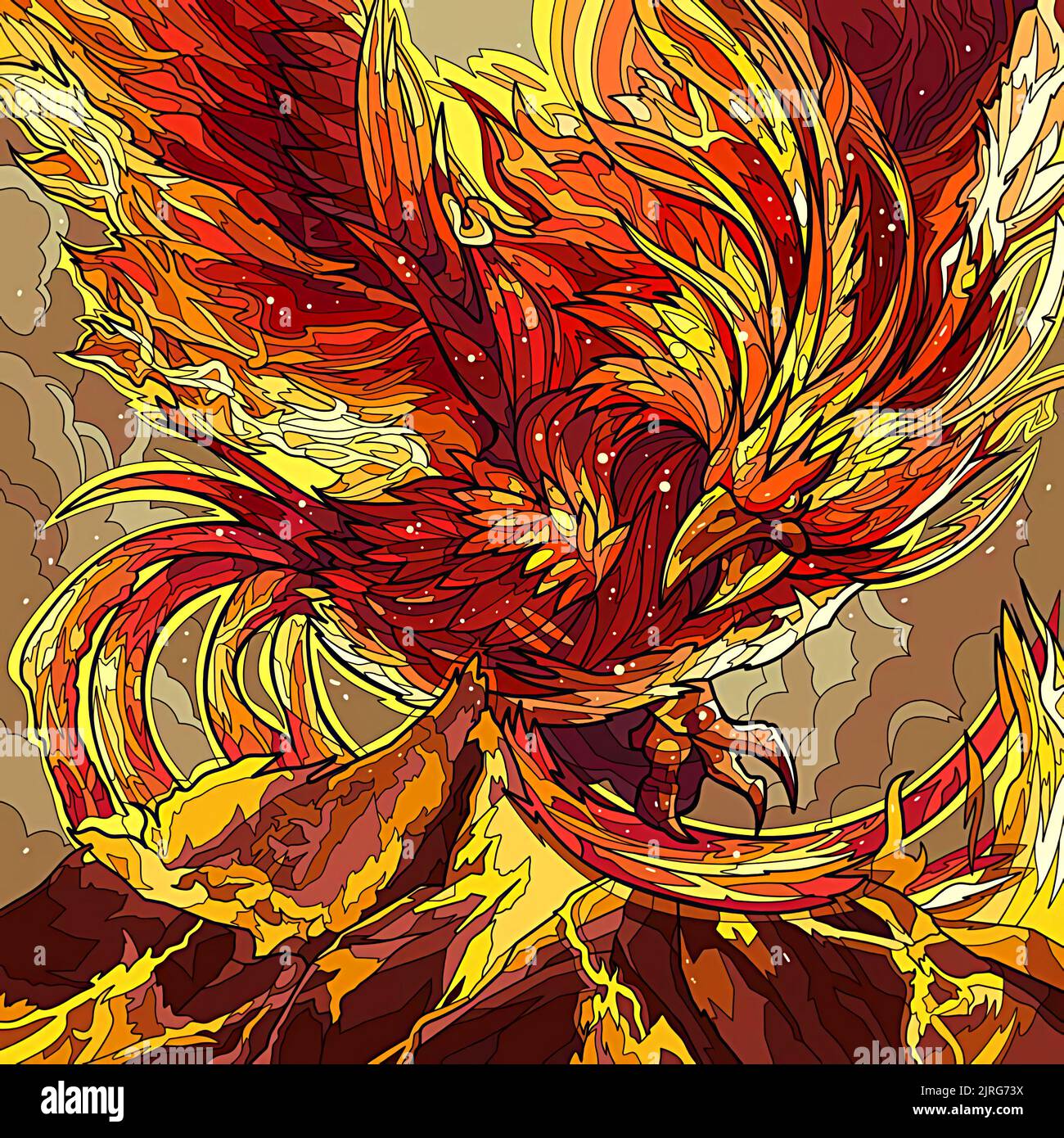 illustration of a phoenix flying on fire and smoke background Stock ...