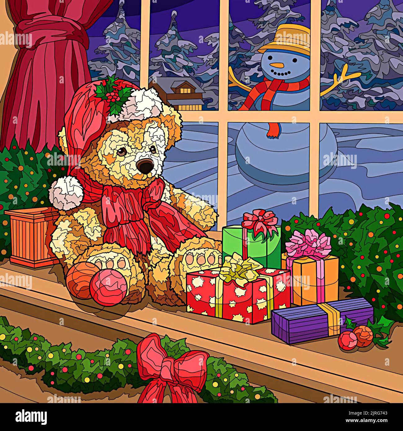 christmas eve illustration, teddy bear, gift box in window, snowman and ...