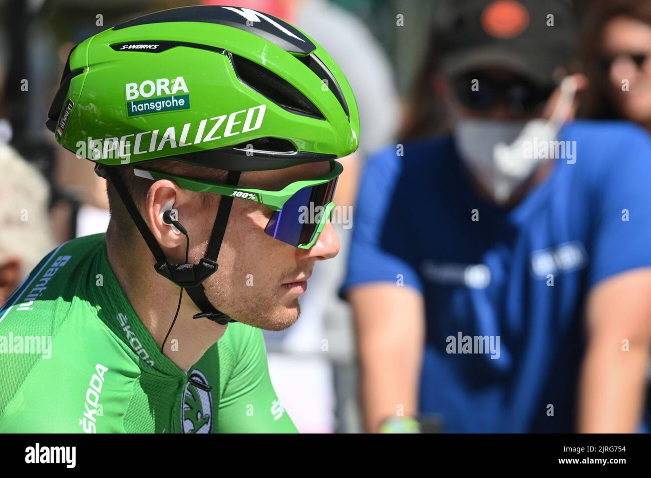 Irish Sam Bennett of Bora-Hansgrohe wearing the green jersey of leader ...