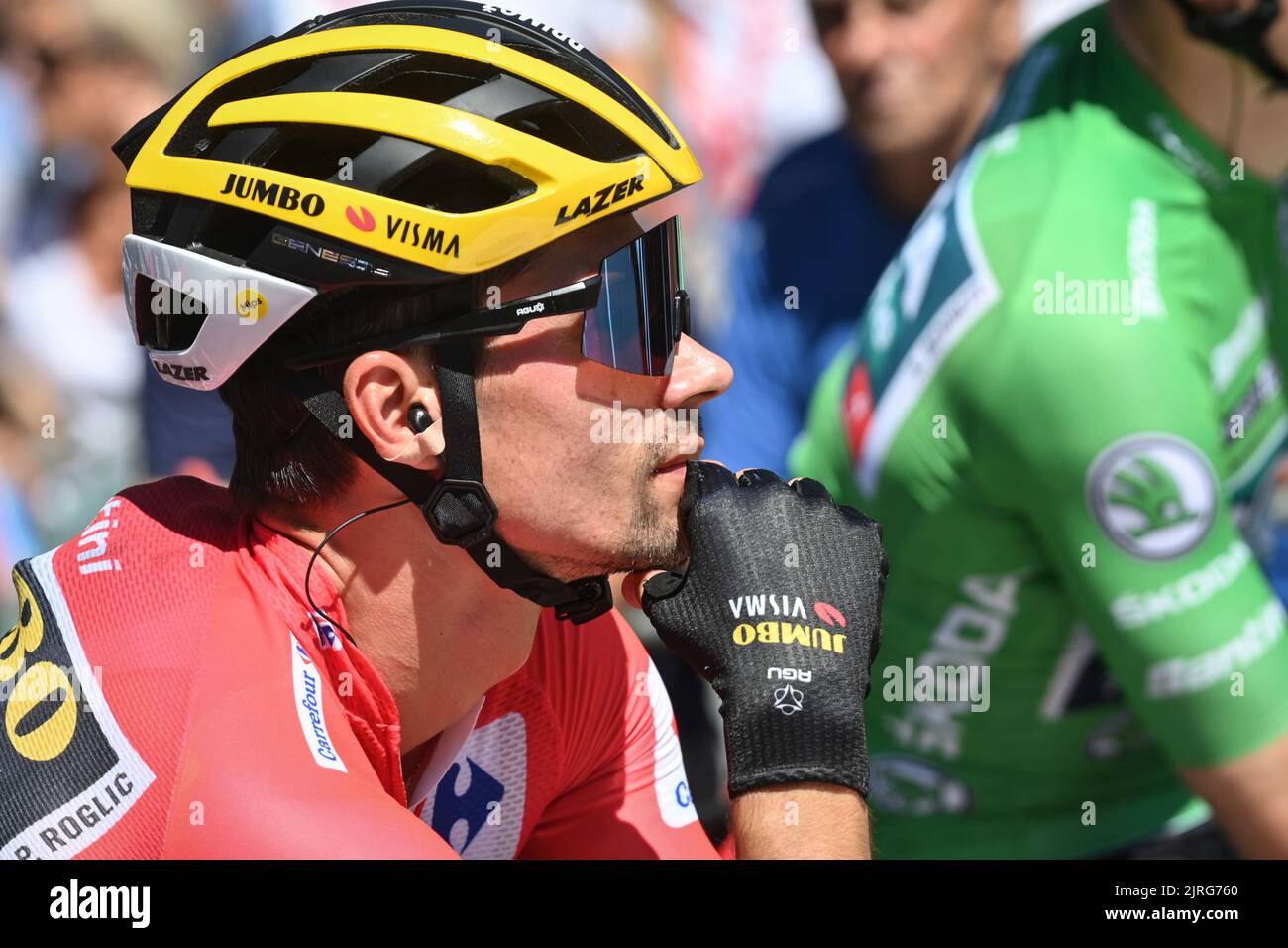 Slovenian Primoz Roglic of Jumbo-Visma wearing the red jersey for ...