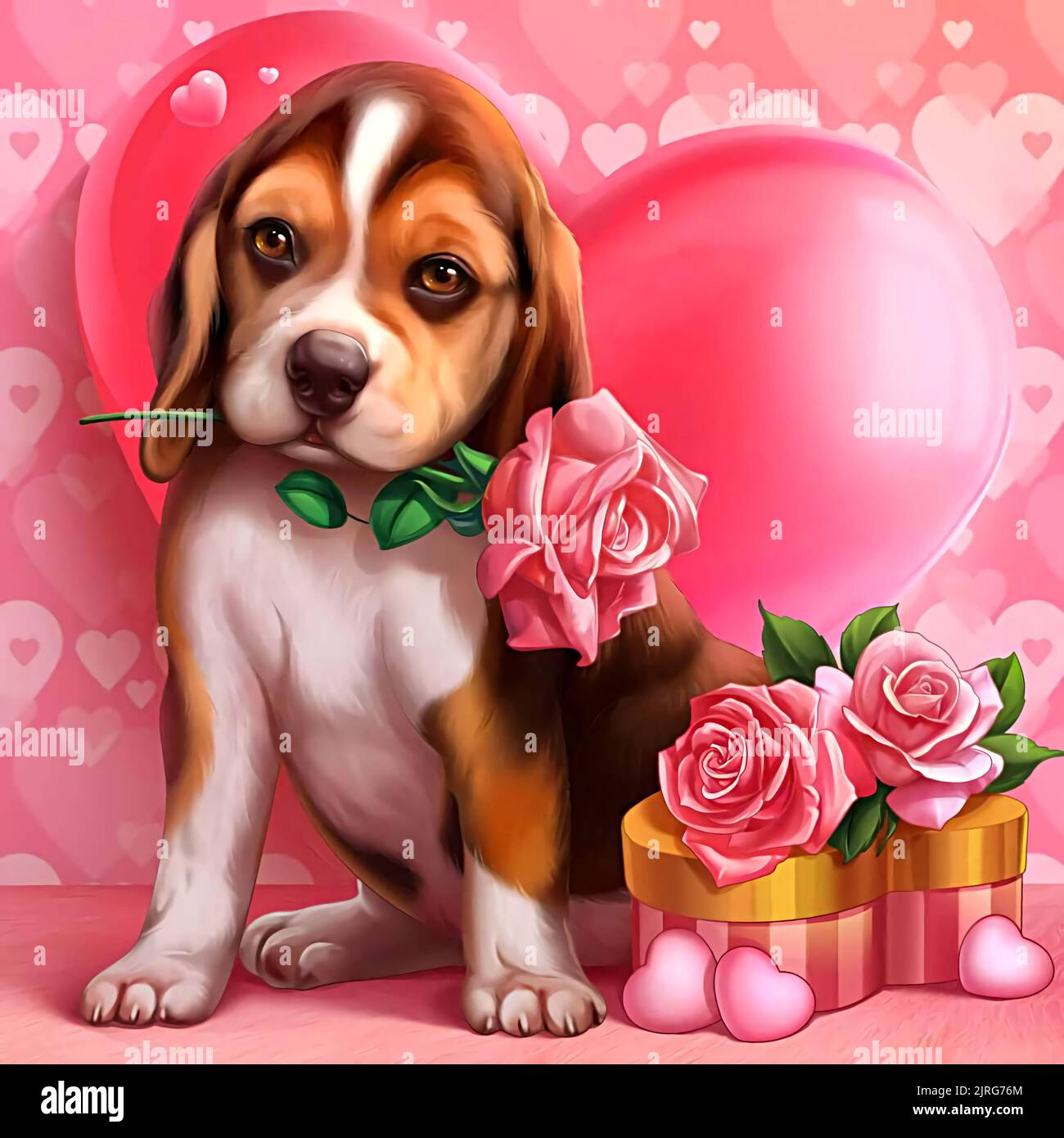 illustration of a cute puppy biting a pink rose on the theme of love ...
