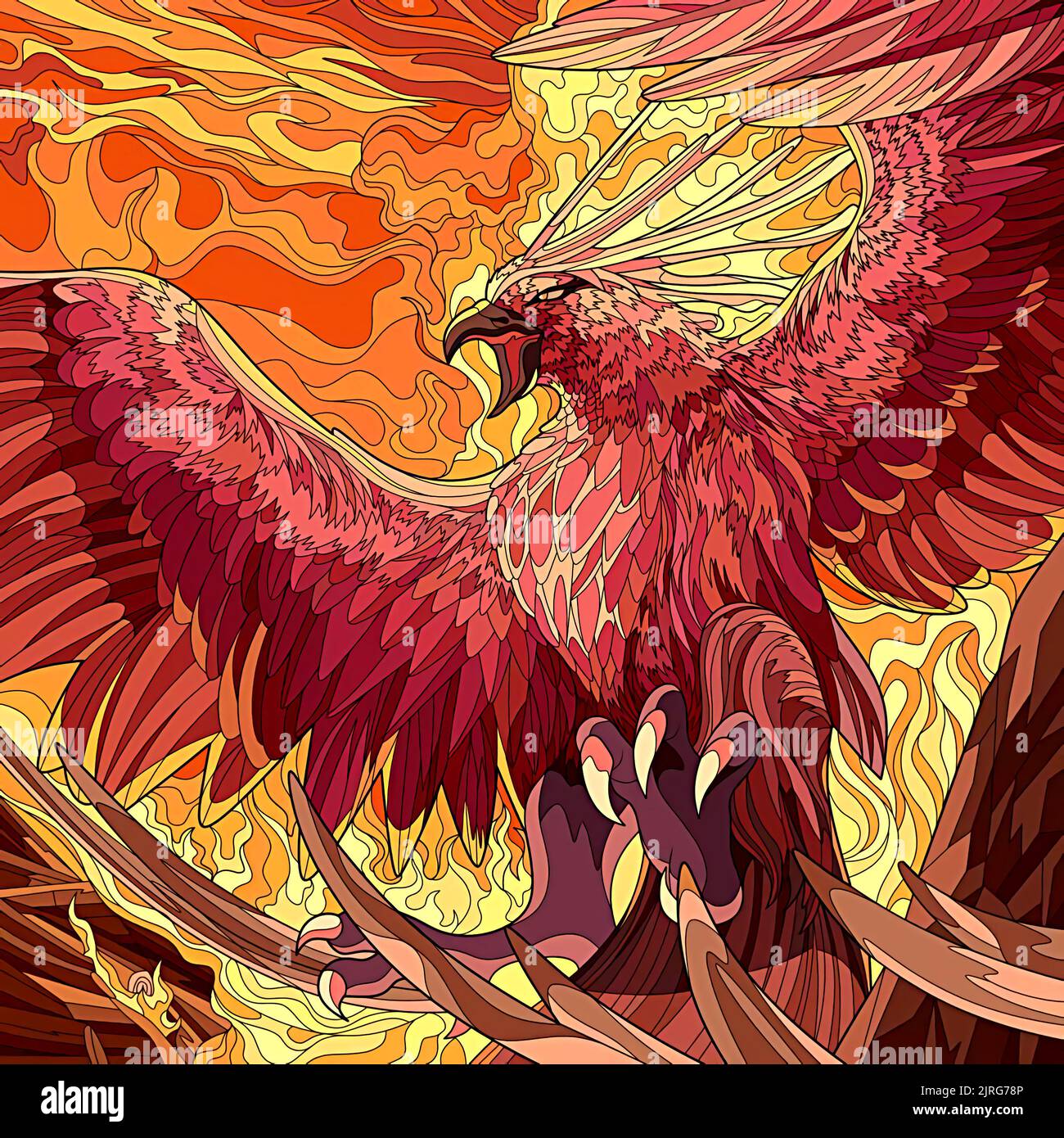 illustration of a phoenix flying on fire background Stock Photo - Alamy