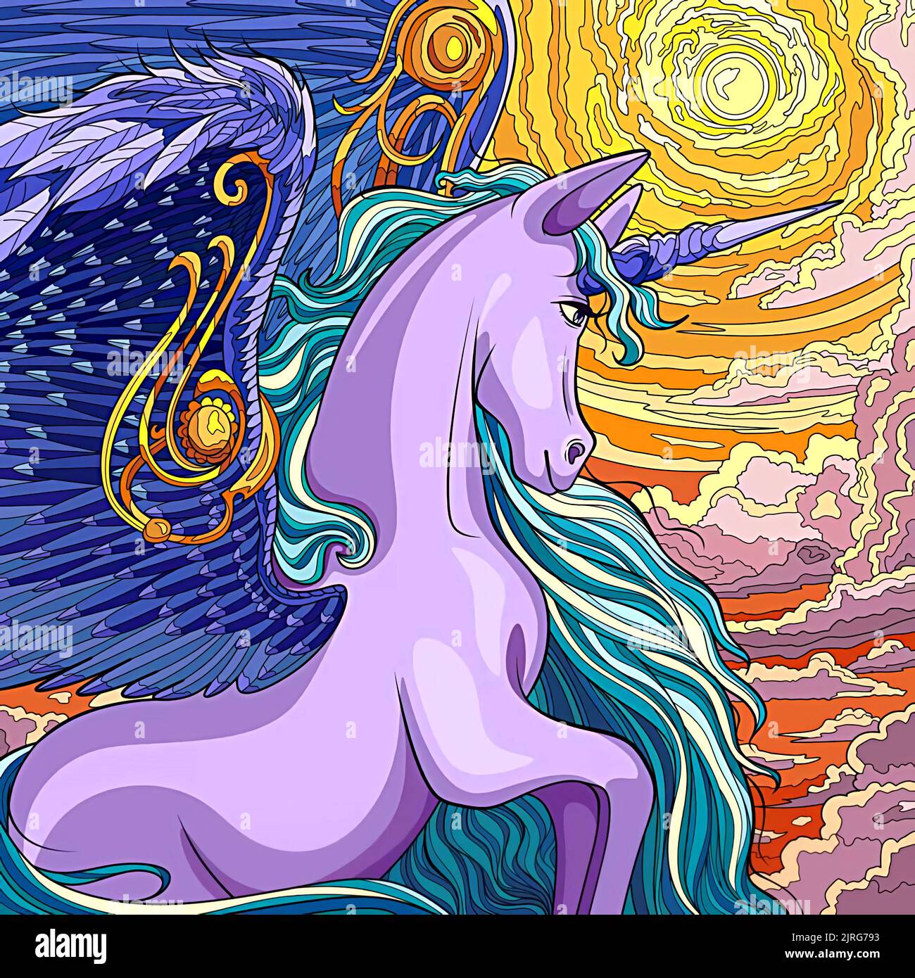 illustration of a purple pegasus flying in the red sky, clouds and sun ...