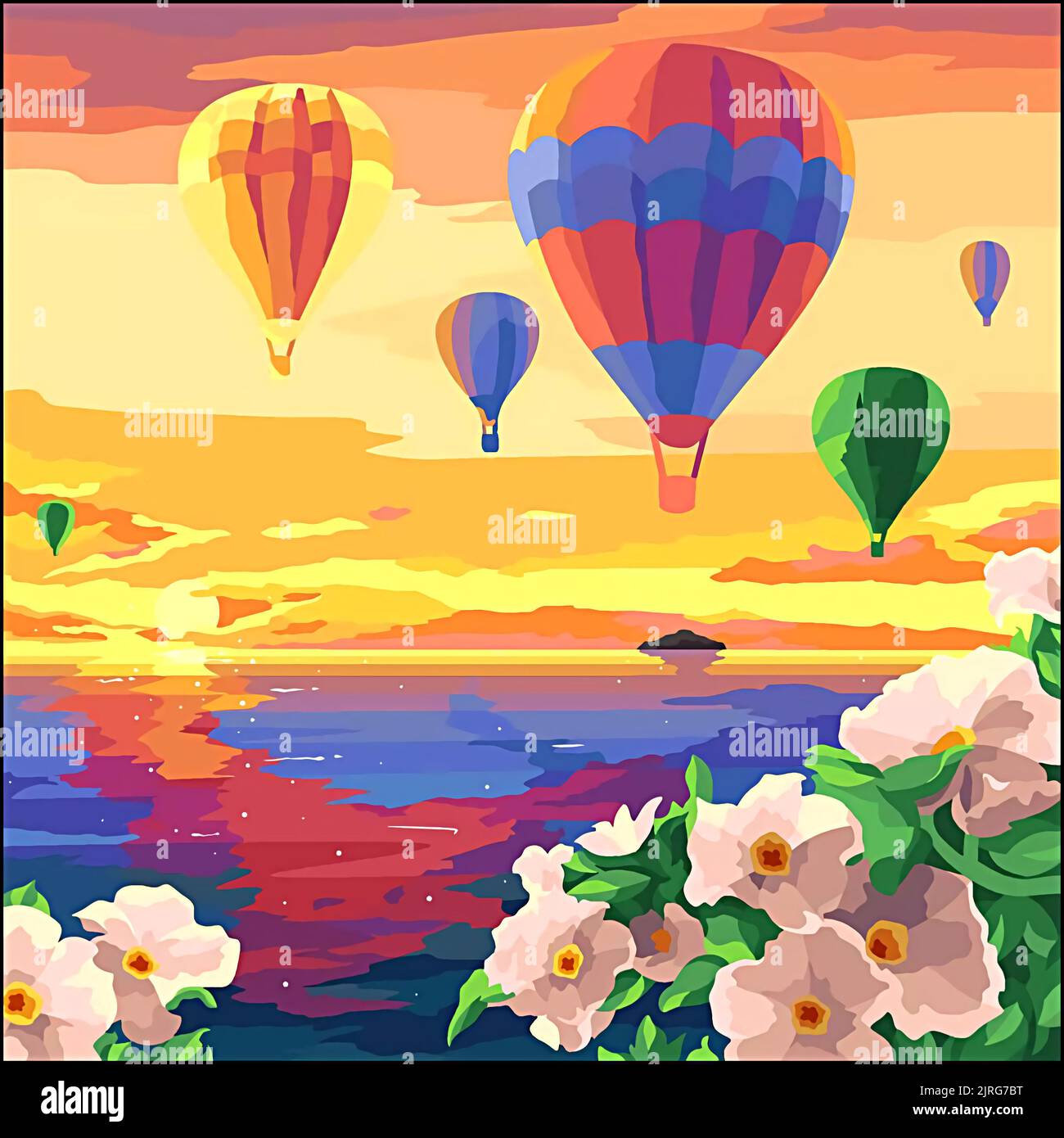 illustration of sunset over the sea and hot air balloon in the sky ...
