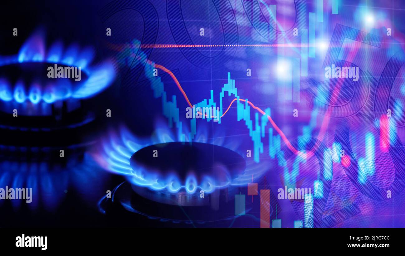 Natural gas cost growth concept with gas burners and stock charts Stock ...