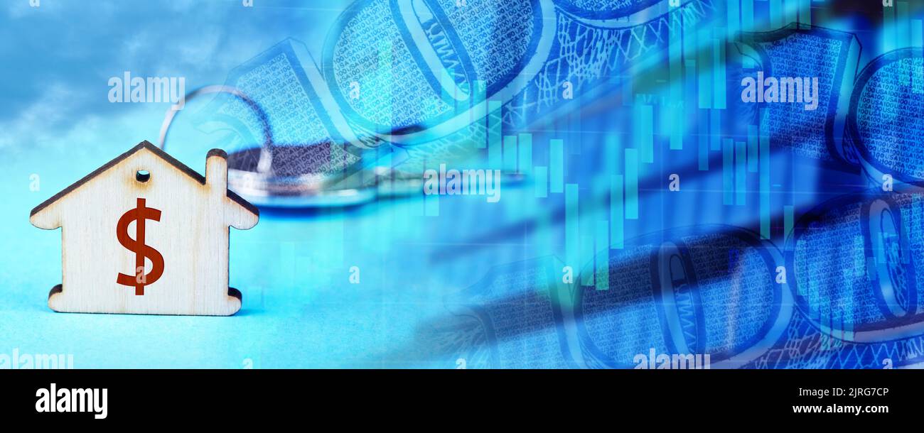 Background from a house, keys, dollar bills and graphs as a concept of ...