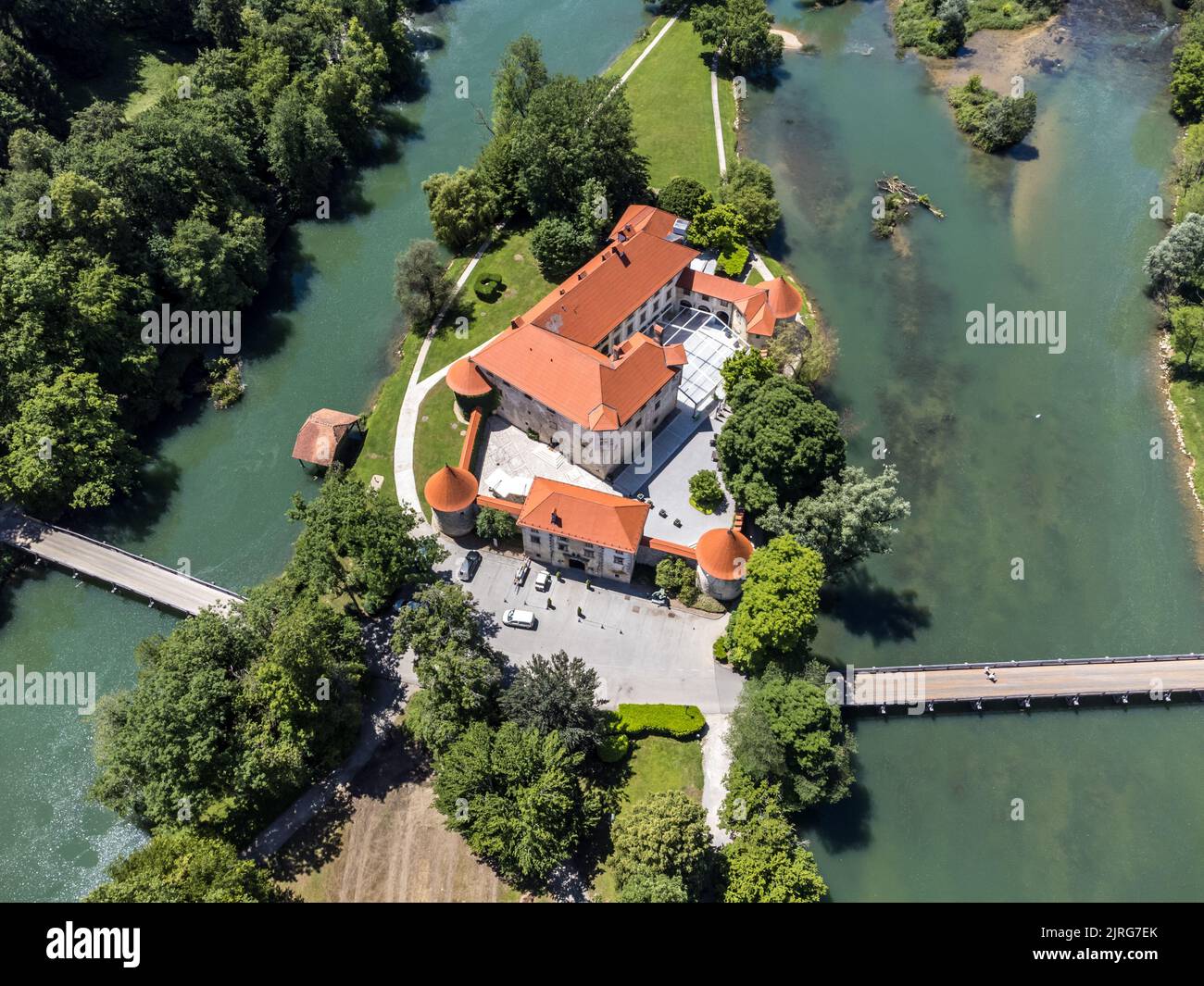 Romantic Otocec Castle on Krka River in Slovenia. Drone View Stock ...