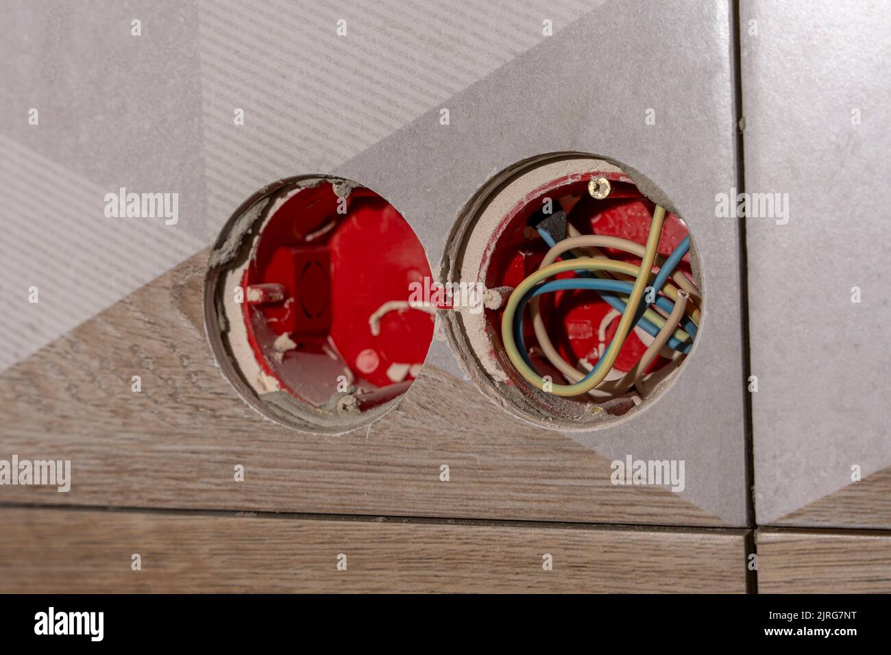 Plastic installation box for electrical outlets in ceramic tiles Stock ...