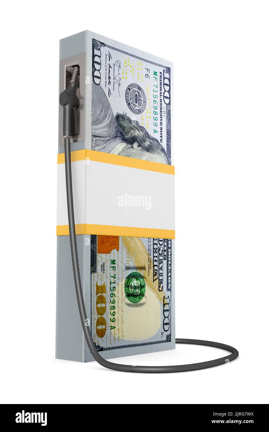 money and nozzle fuel on white background. Isolated 3D illustration ...