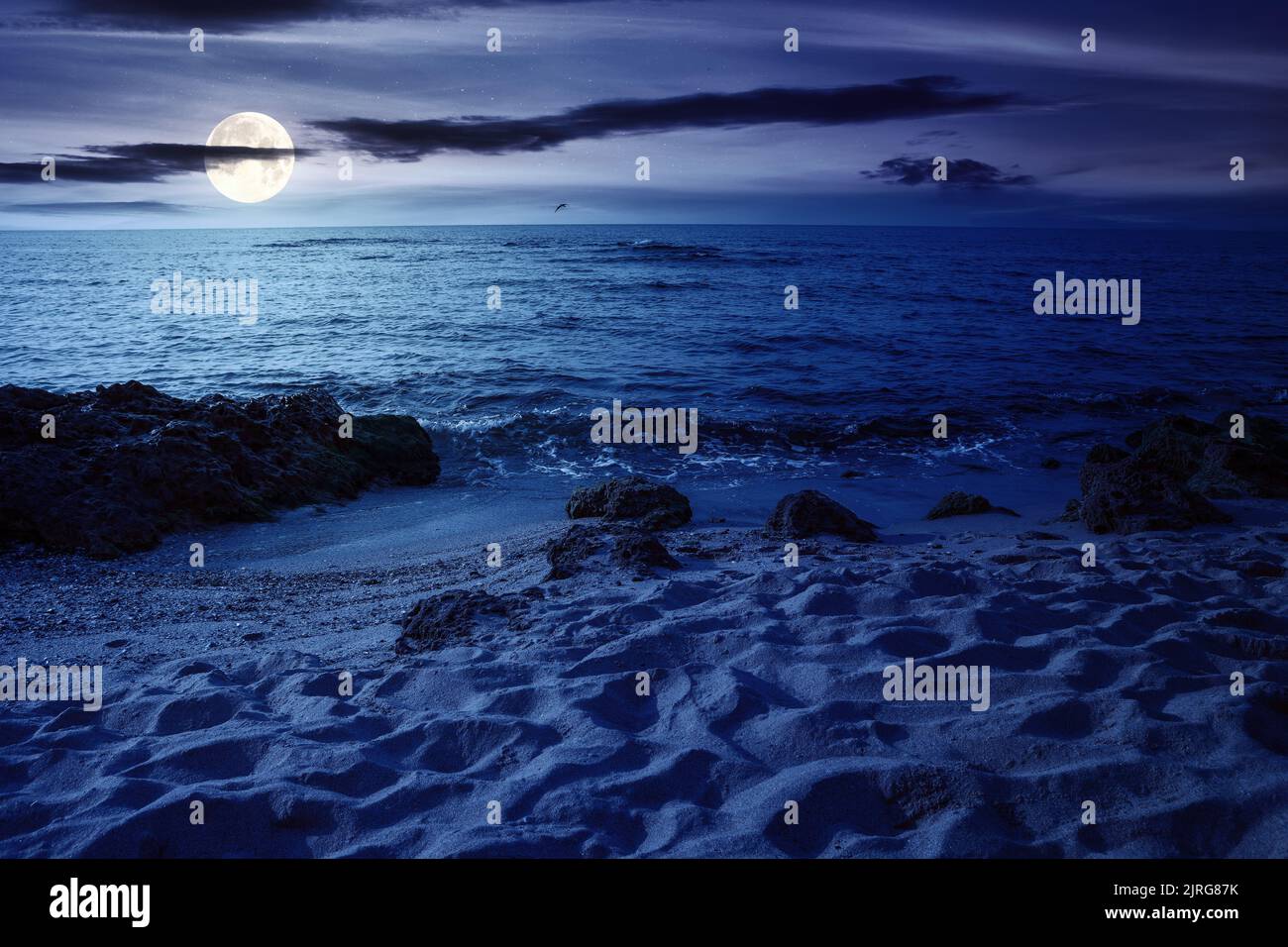 night scenery at the sea. calm waves washing the sandy beach in full ...