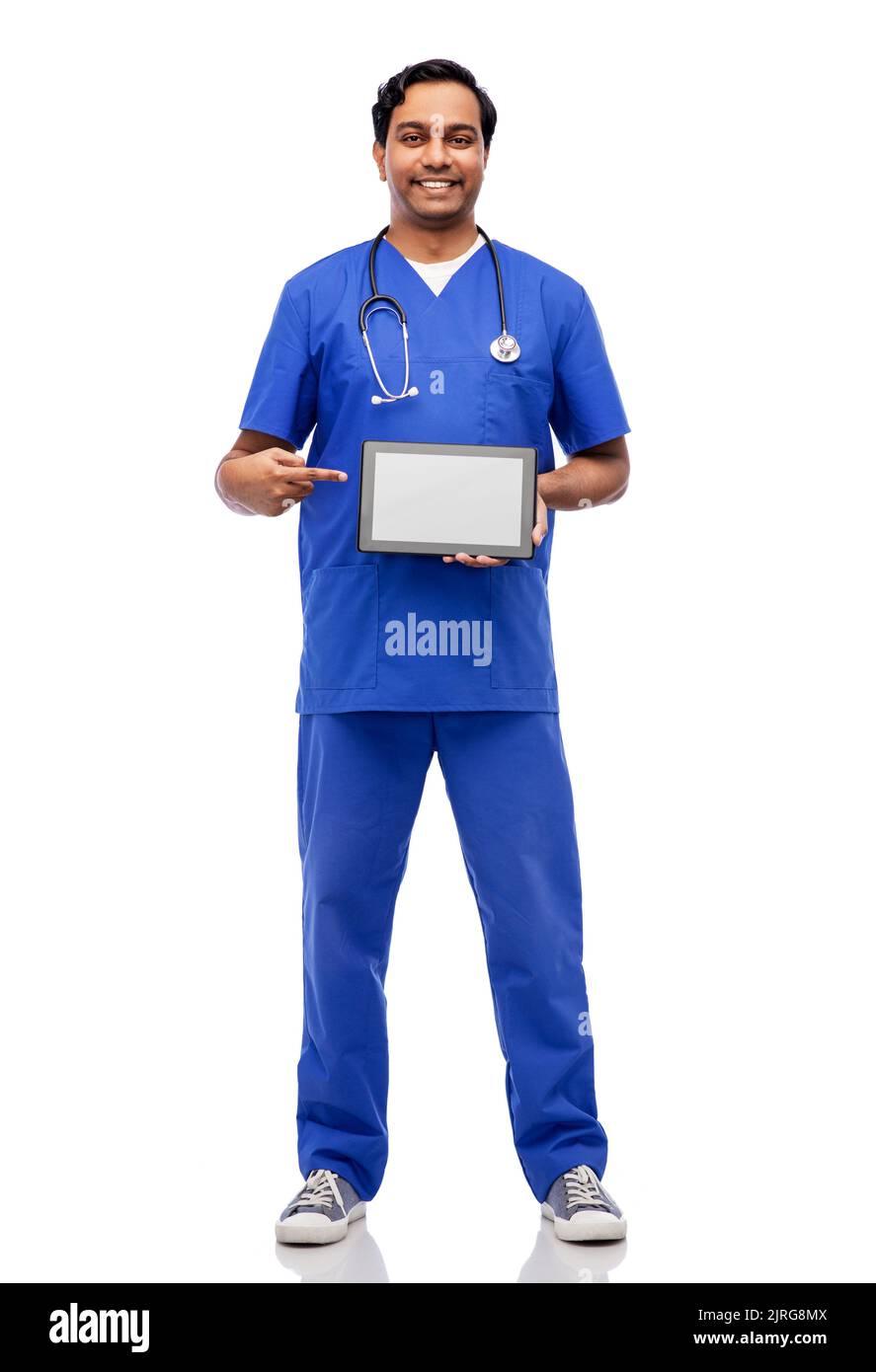 happy doctor or male nurse showing tablet computer Stock Photo - Alamy