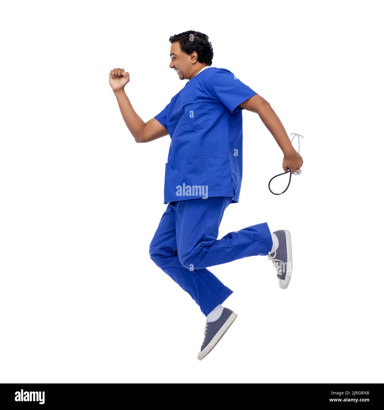 doctor or male nurse with stethoscope jumping Stock Photo - Alamy