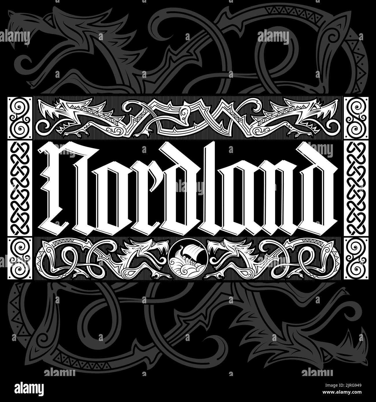 Old Norse design. Nordland lettering in gothic style and wicker frame ...
