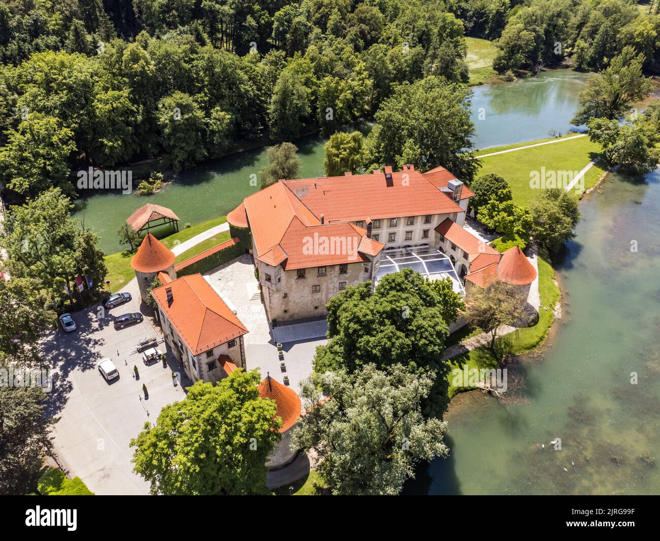 Romantic Otocec Castle on Krka River in Slovenia. Drone View Stock ...