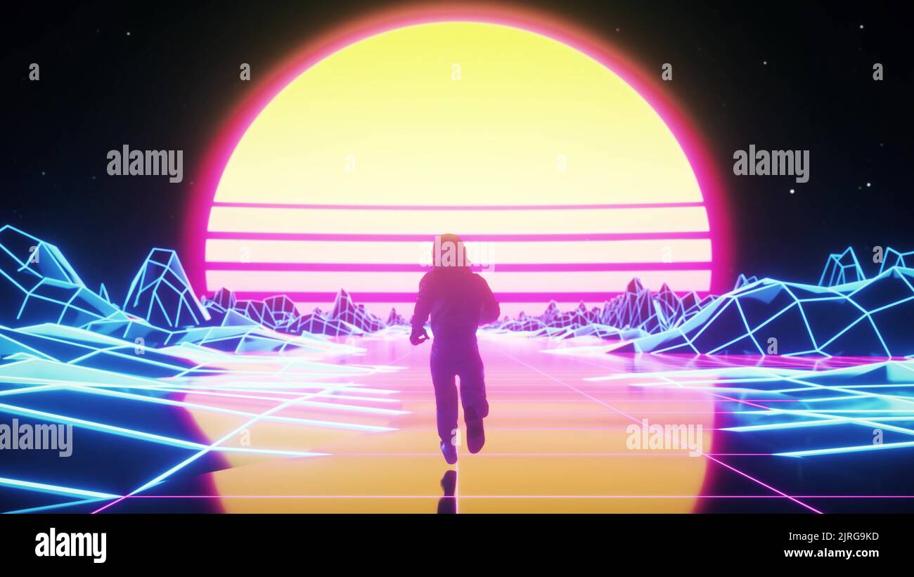 Astronaut runs surrounded by flashing neon lights. Retro 80s style ...