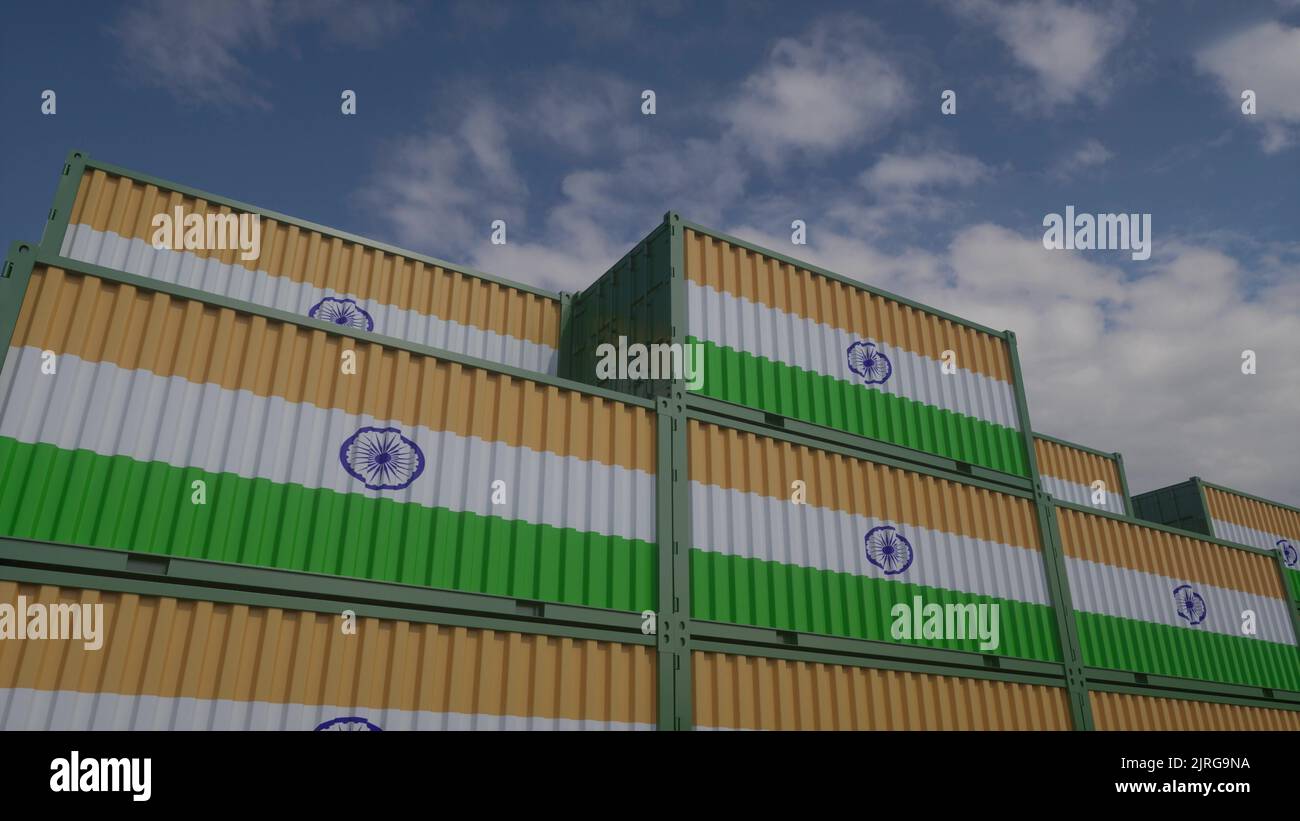 India flag containers are located at the container terminal. India ...