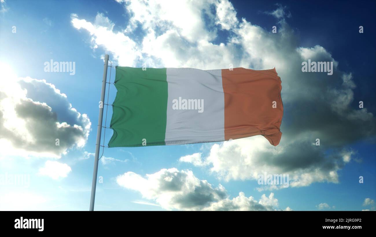 Flag of Ireland waving at wind against beautiful blue sky. 3d ...