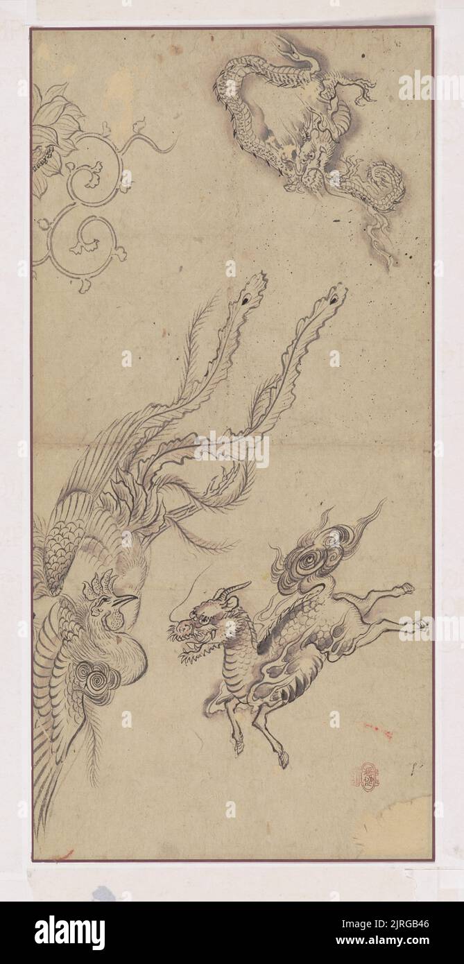 Mythological beasts (longma, dragon, pheonix and flowering tendrils ...