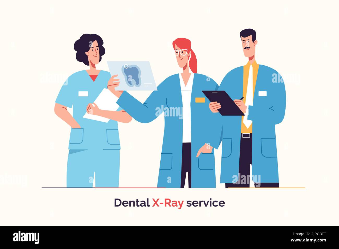 Group of dentists are discussing dental x-ray result. Vector ...