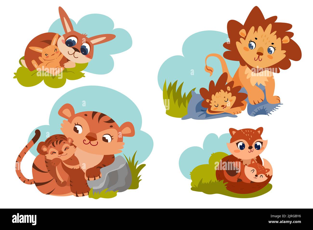 Cartoon cute forest animals with sleeping baby. Family set of brown lion, tiger, fox and rabbit ...