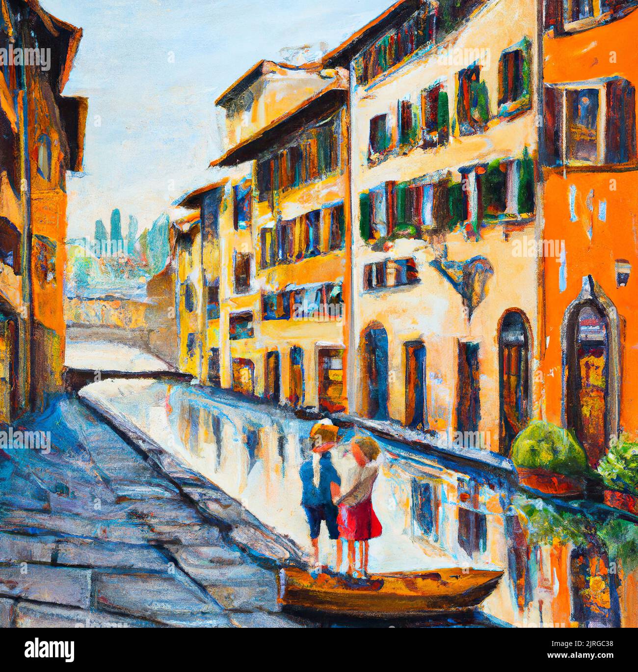 Boy and girl lovers in Venice, Italy. Oil painting art in big size ...