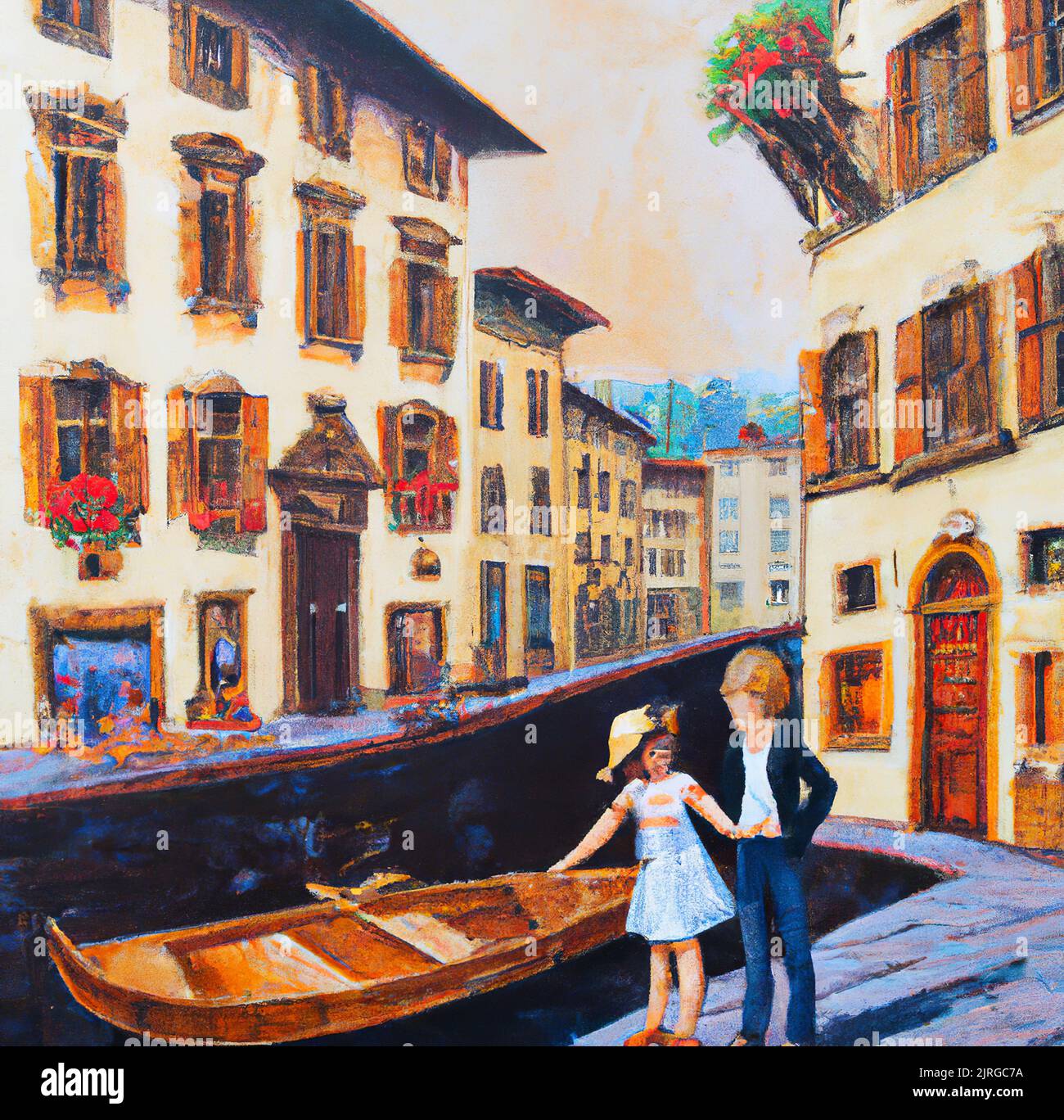 Boy and girl lovers in Venice, Italy. Oil painting art in big size ...