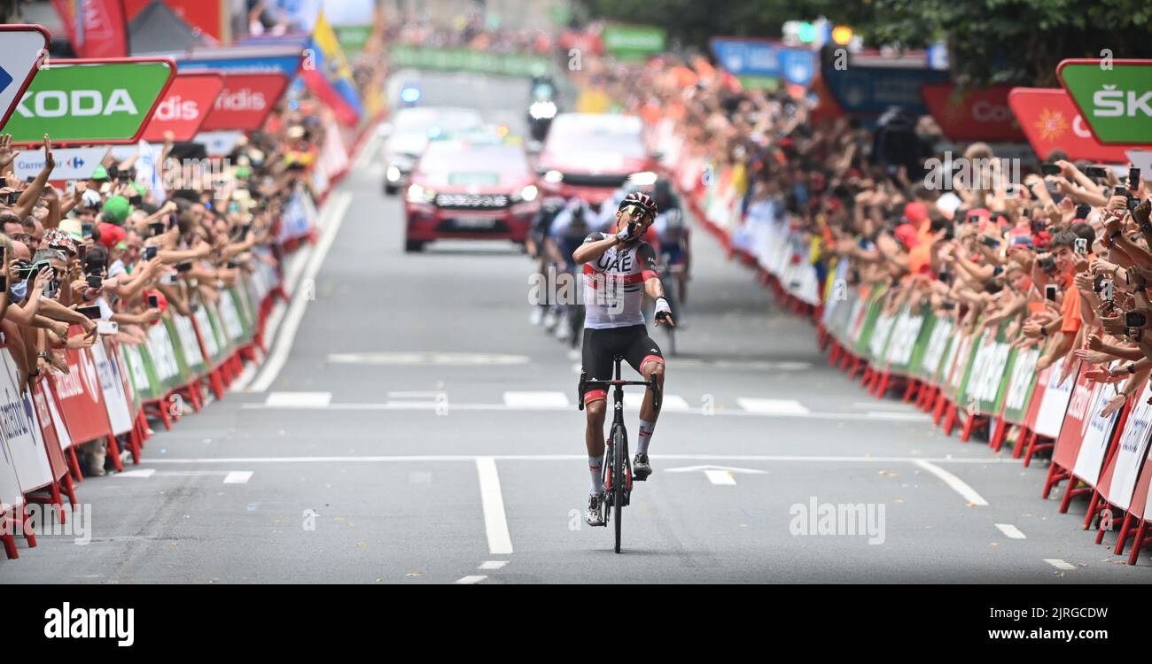 Spanish Marc Soler of UAE Team Emirates celebrates as he crosses the ...