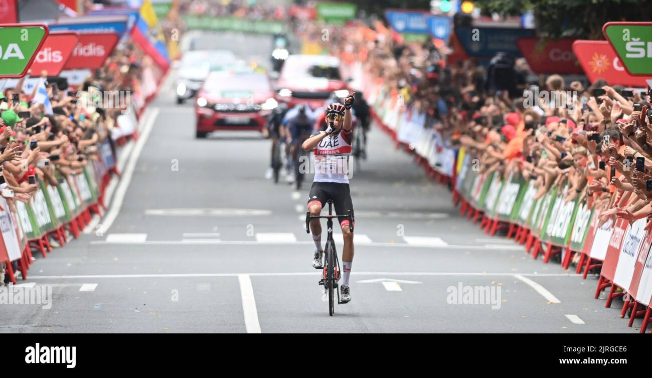 Spanish Marc Soler of UAE Team Emirates celebrates as he crosses the ...