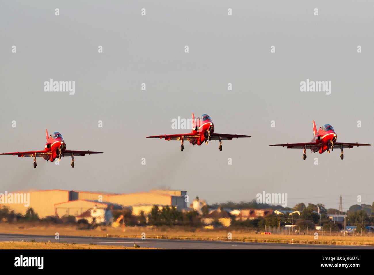 RAF Red Arrows BAe Hawk jet planes taking off from London Southend ...