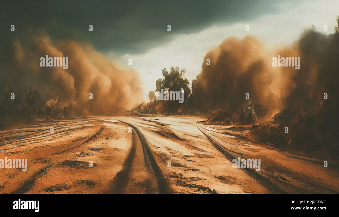 Dust sand cloud on a dusty road. Scattering trail on track from fast ...