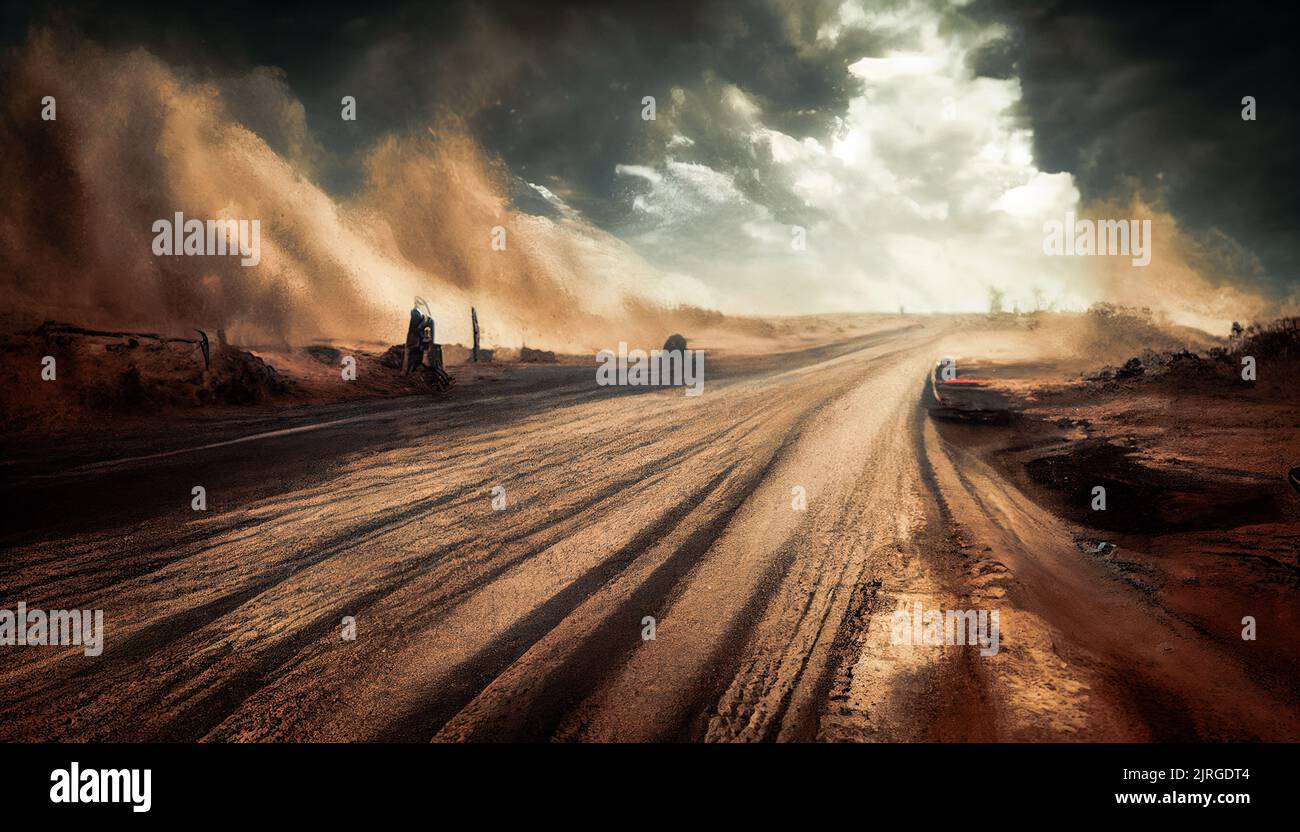 Dust sand cloud on a dusty road. Scattering trail on track from fast ...