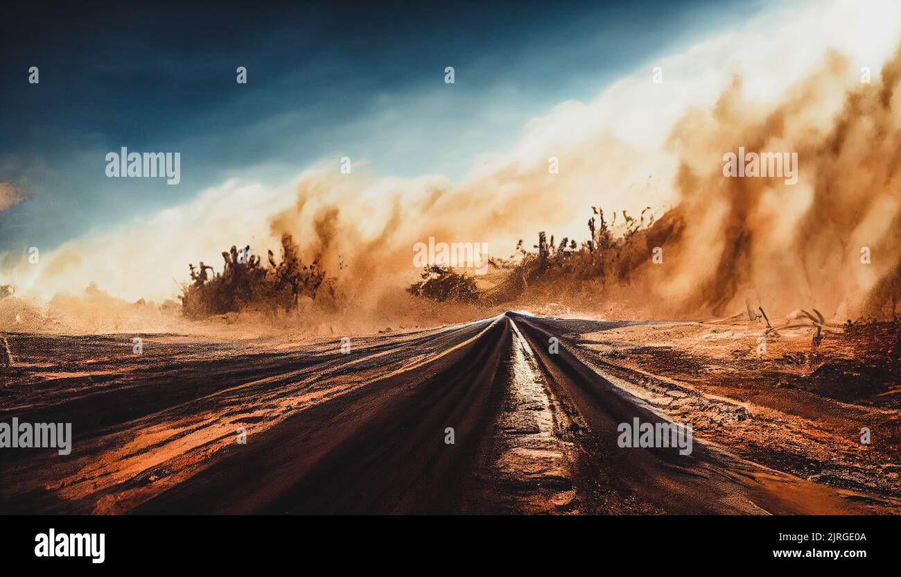 Dust sand cloud on a dusty road. Scattering trail on track from fast ...