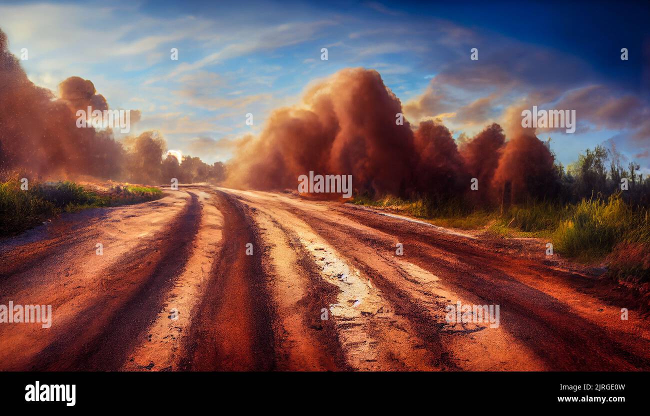 Dust sand cloud on a dusty road. Scattering trail on track from fast ...