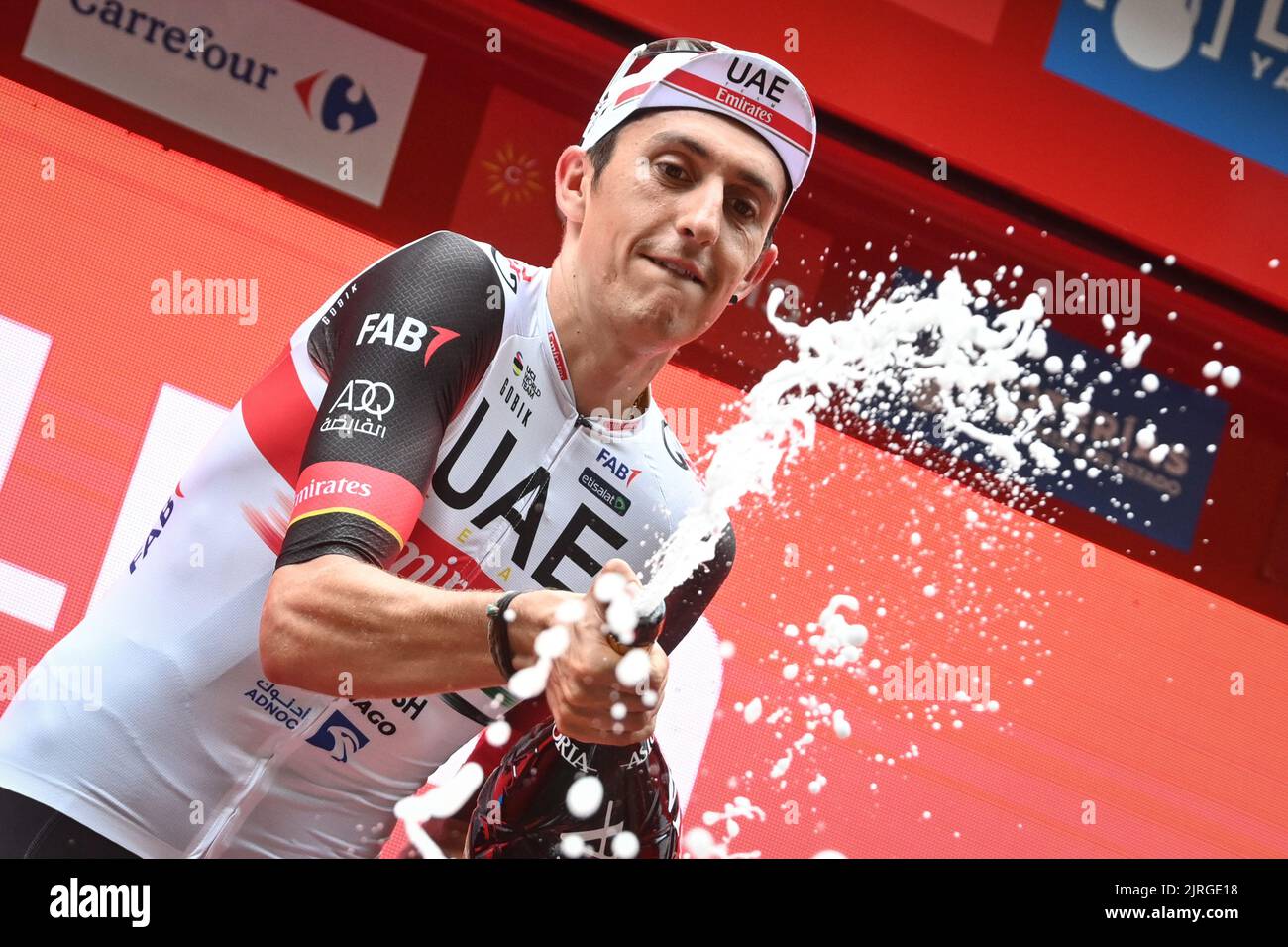 Spanish Marc Soler of UAE Team Emirates celebrates on the podium with ...