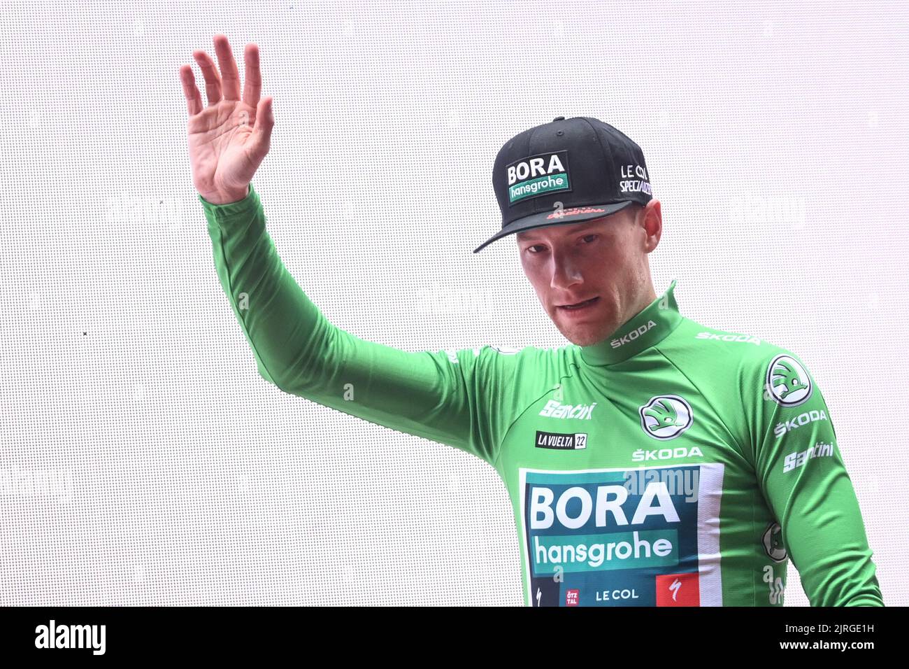 Irish Sam Bennett of Bora-Hansgrohe celebrates on the podium in the ...