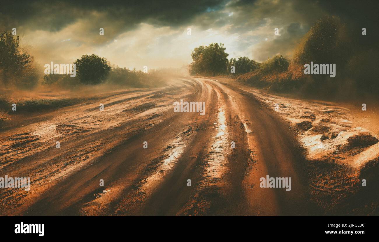 Dust sand cloud on a dusty road. Scattering trail on track from fast ...