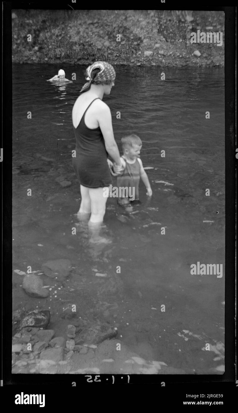 Woman and boy swimming in river, 01 January 1935, Levin, by Leslie ...