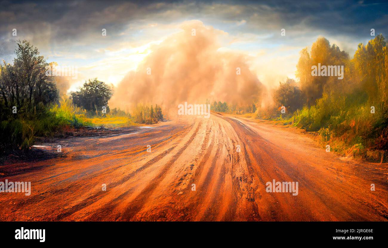 Dust sand cloud on a dusty road. Scattering trail on track from fast ...