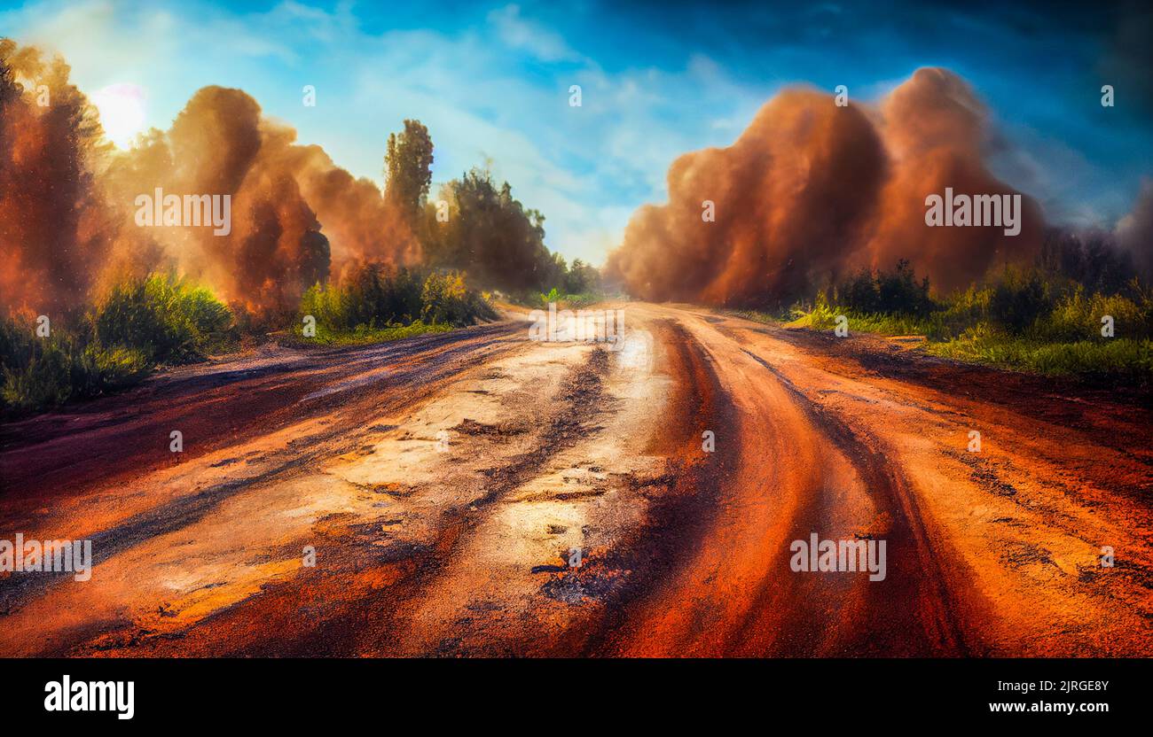 Dust sand cloud on a dusty road. Scattering trail on track from fast ...