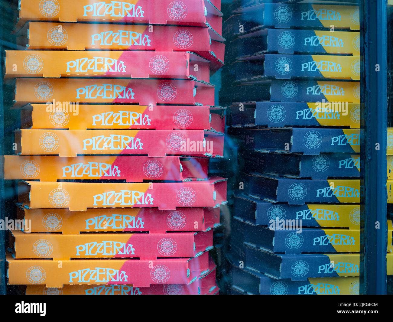 Pizza boxes stacked on top of each other colourful card boxes Stock ...