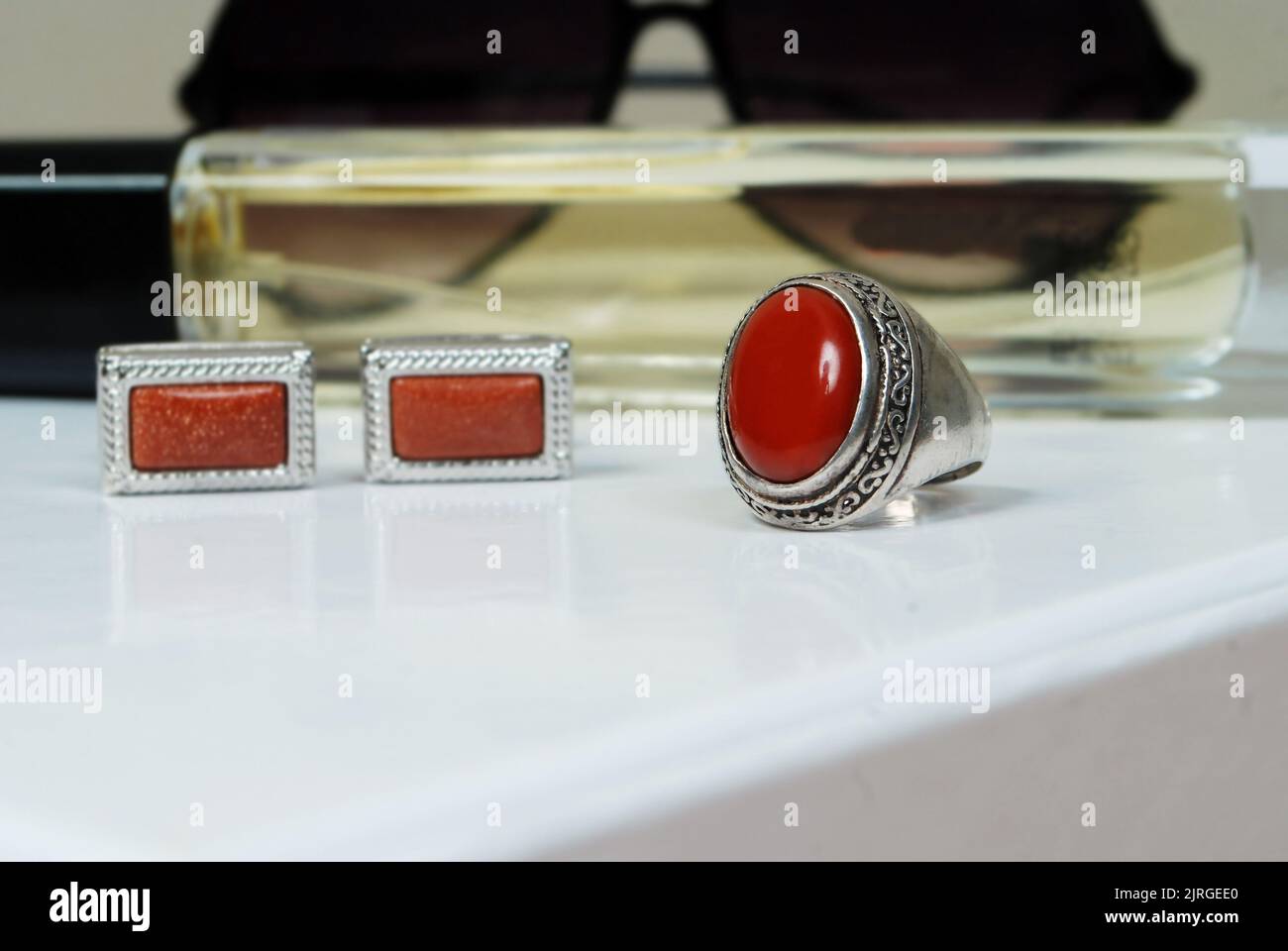 men spiritual stone ring isolated on white macro focus blurry ...