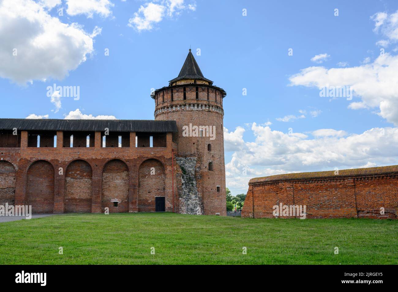 Fragment of the fortress wall and tower of the medieval Kremlin in ...