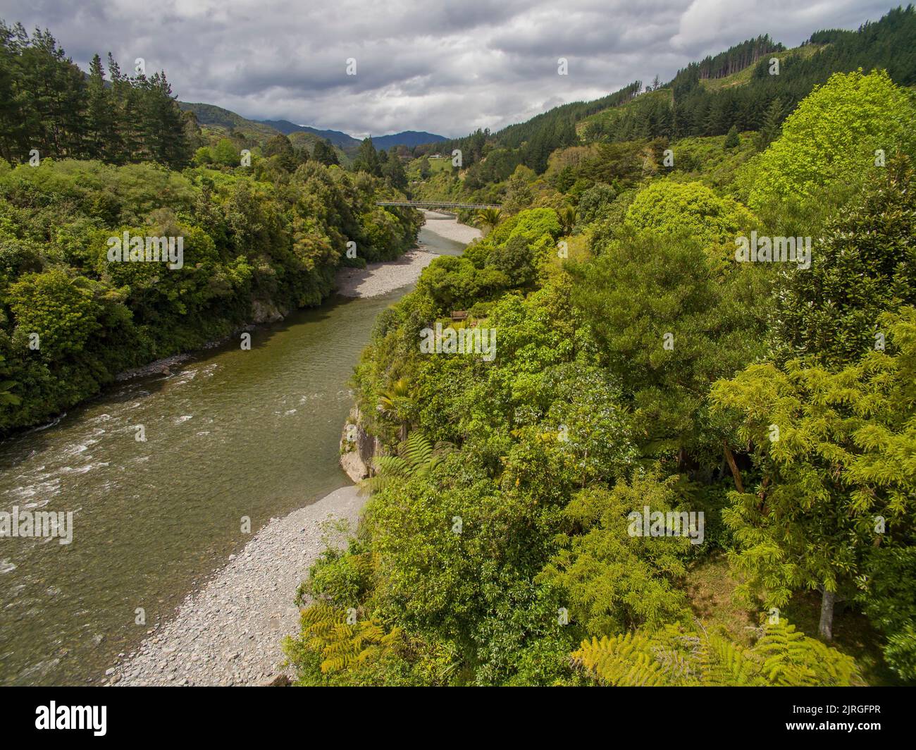 Aerial shot of the Otaki River in Kapiti, New Zealand with the swing ...