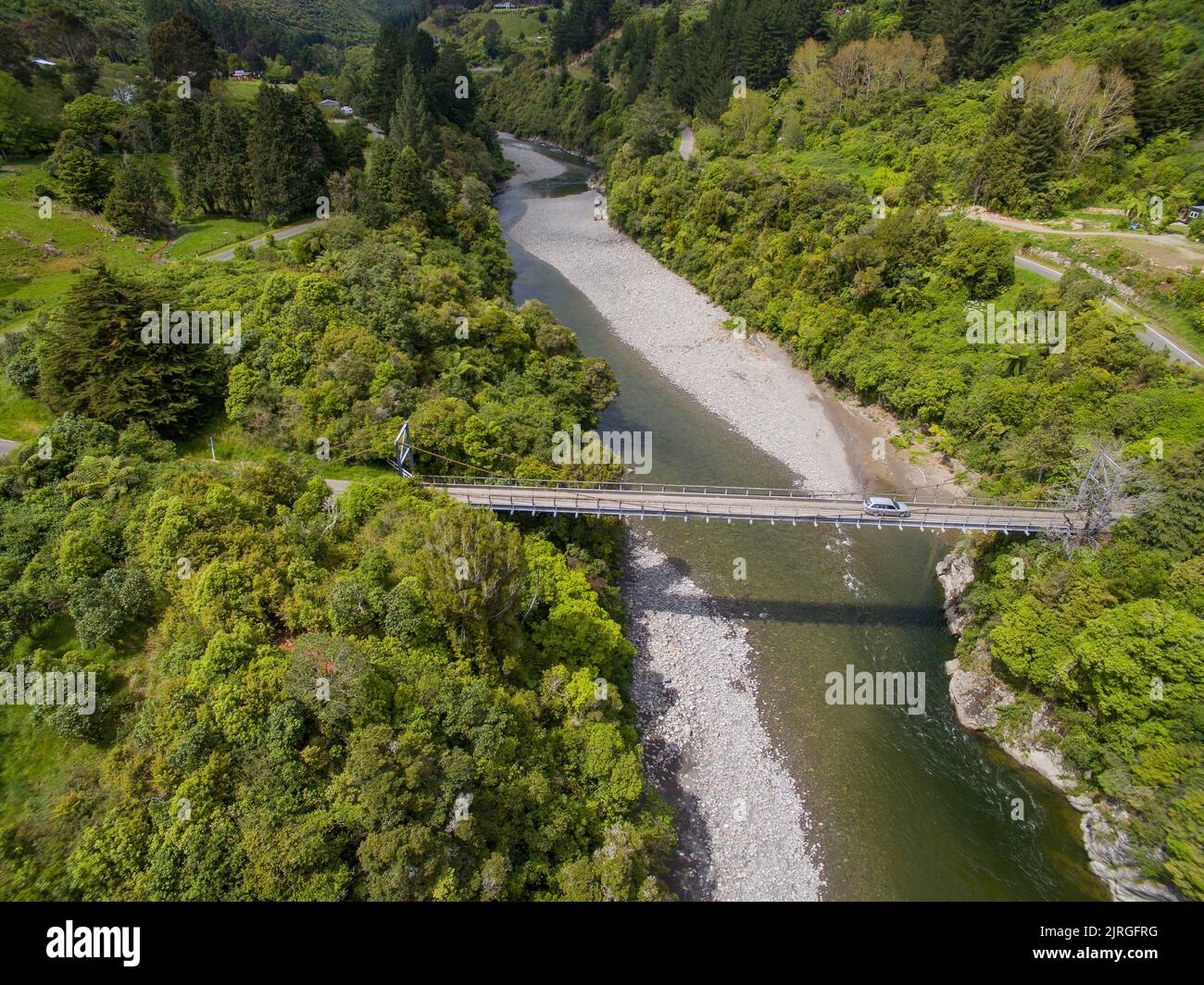 Aerial shot of Otaki River in Kapiti, New Zealand, near the upper swing ...